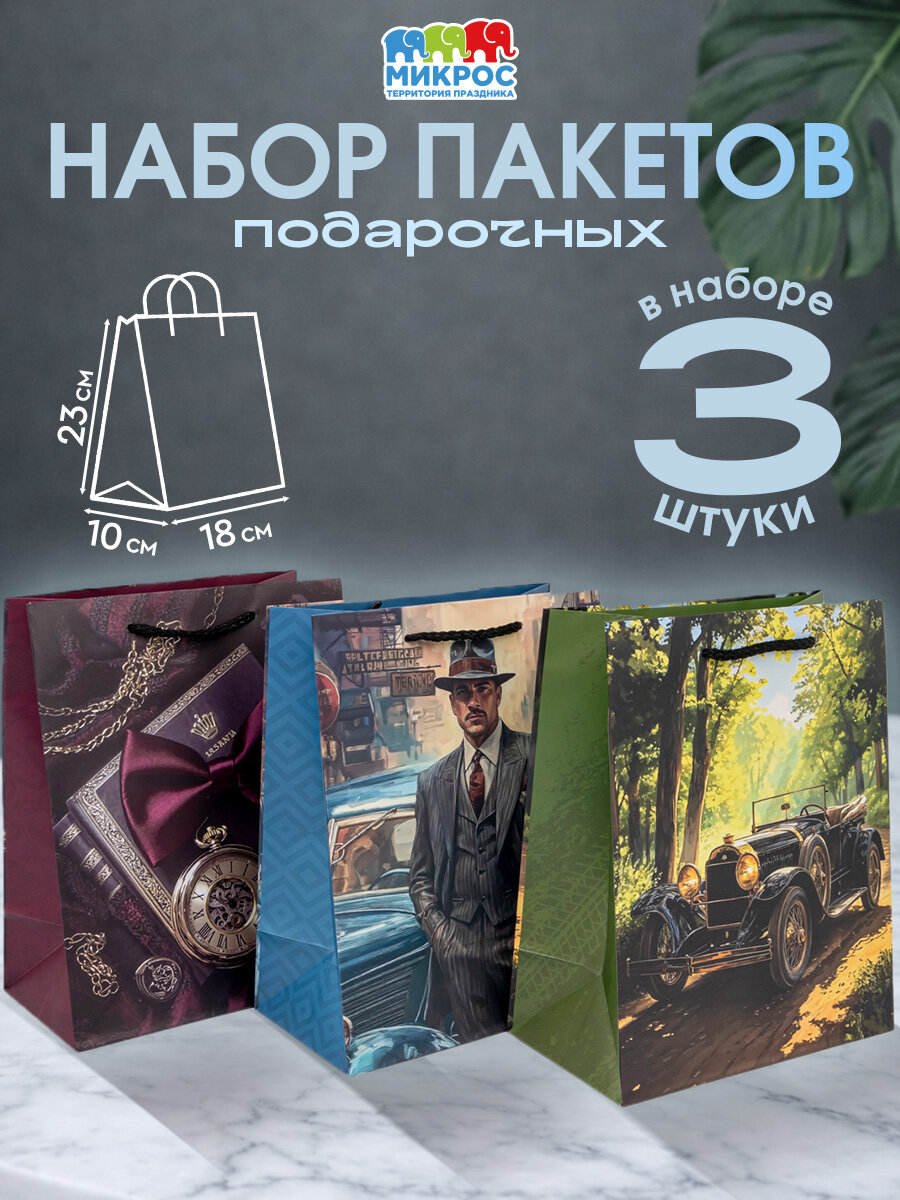 Пакет подарочный мужской на день рождения, 26х32х10 см, набор 3 шт, ретро