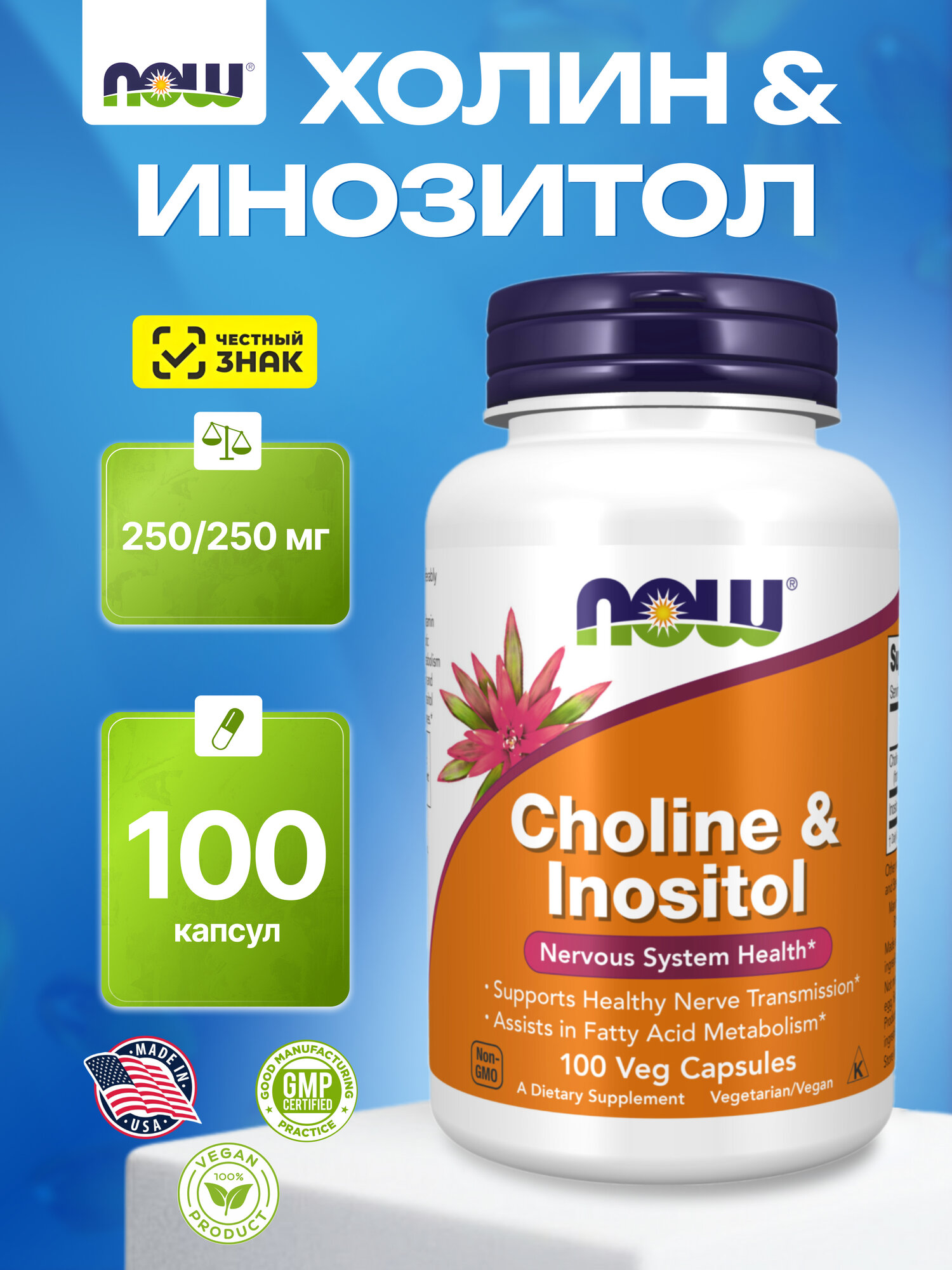 NOW Choline & Inositol, Холин Инозитол, здоровье мозга и нервной системы, 100 капсул
