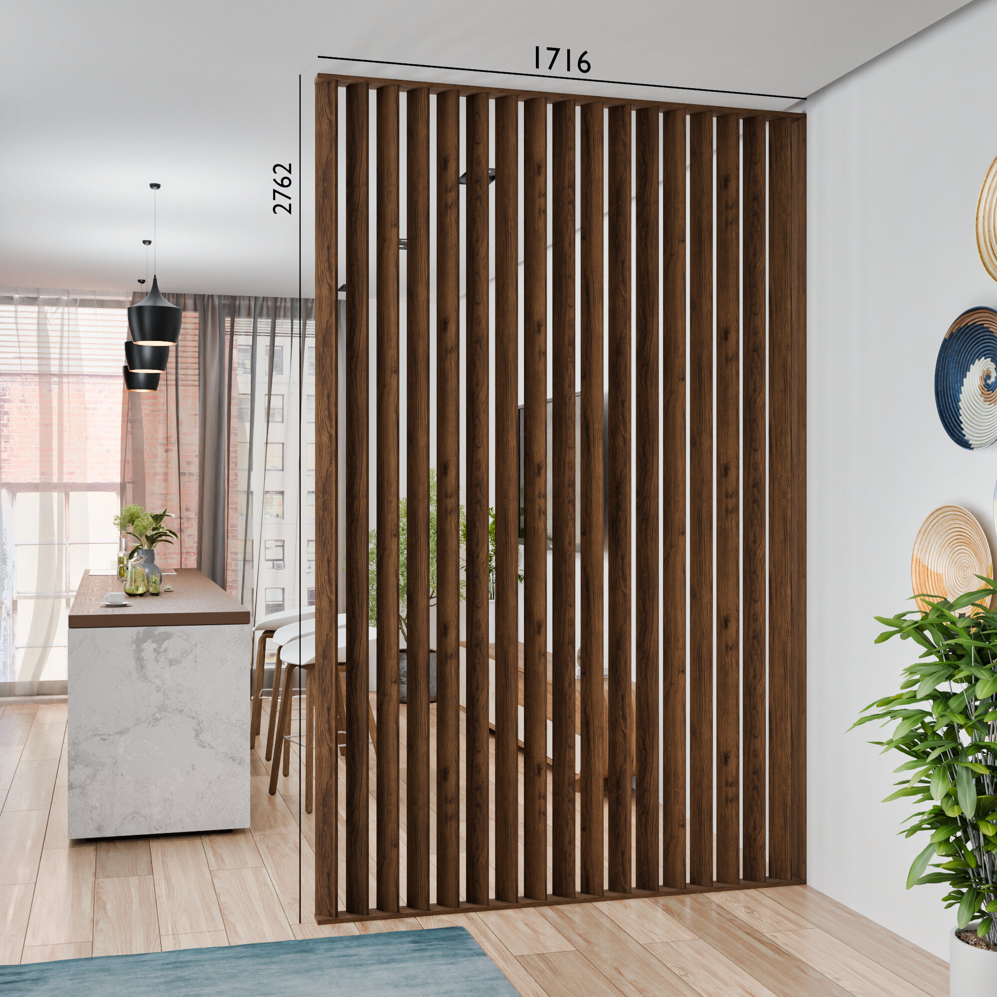 Реечная перегородка 1716 мм для зонирования салона, офиса, цвет Дуб Катания