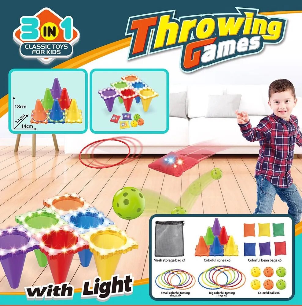 Спортивный набор для подвижных игр 3в1 / Кольцеброс, конусы, сенсорные мешочки, шарики-попрыгунчики Светящийся шестицветный мороженое