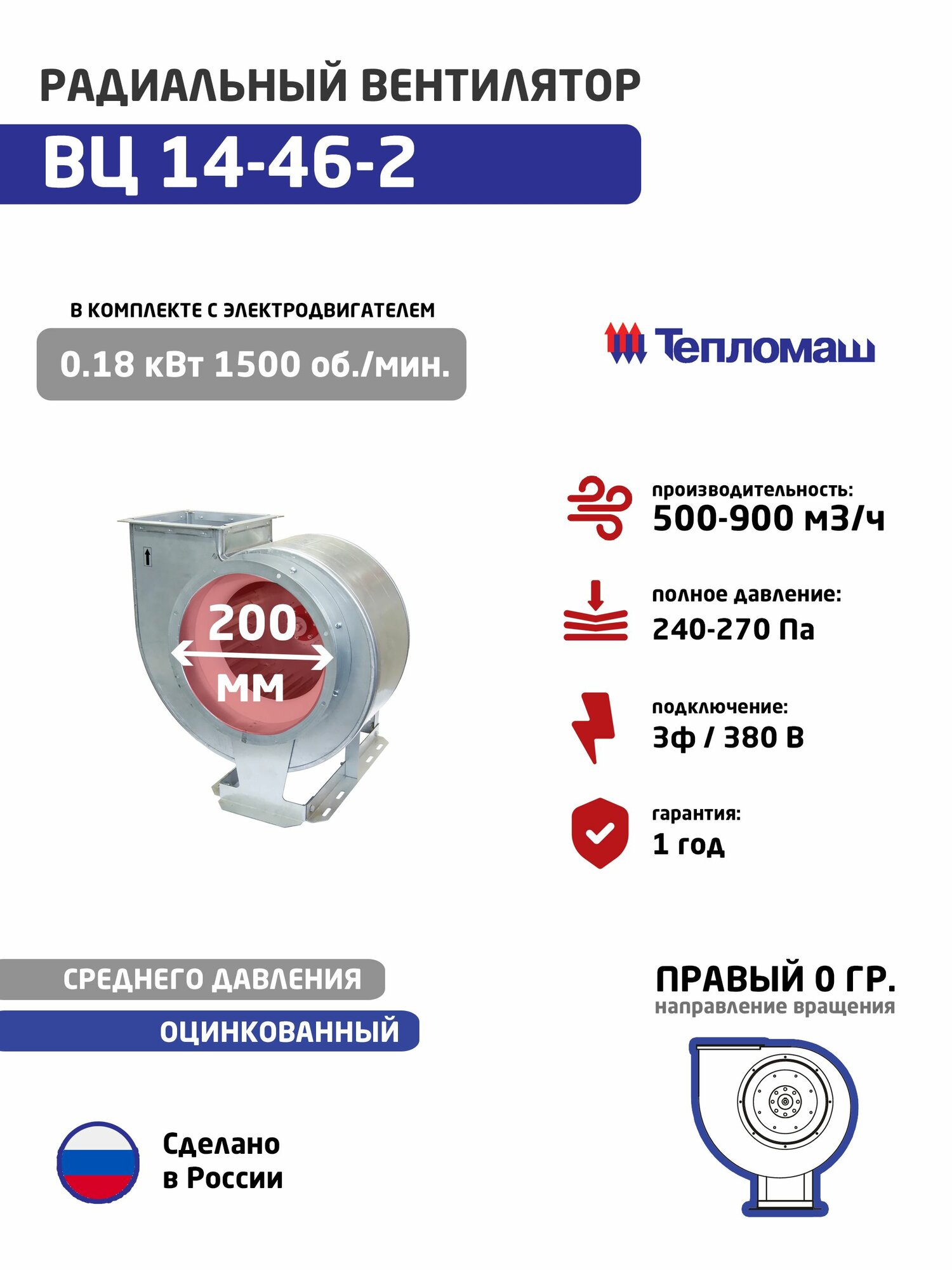 Вентилятор радиальный ВЦ 14-46-2 0,18*1500 Пр.0 оцинкованный 380В (аналог ВР 280-46, ВР 300-45)