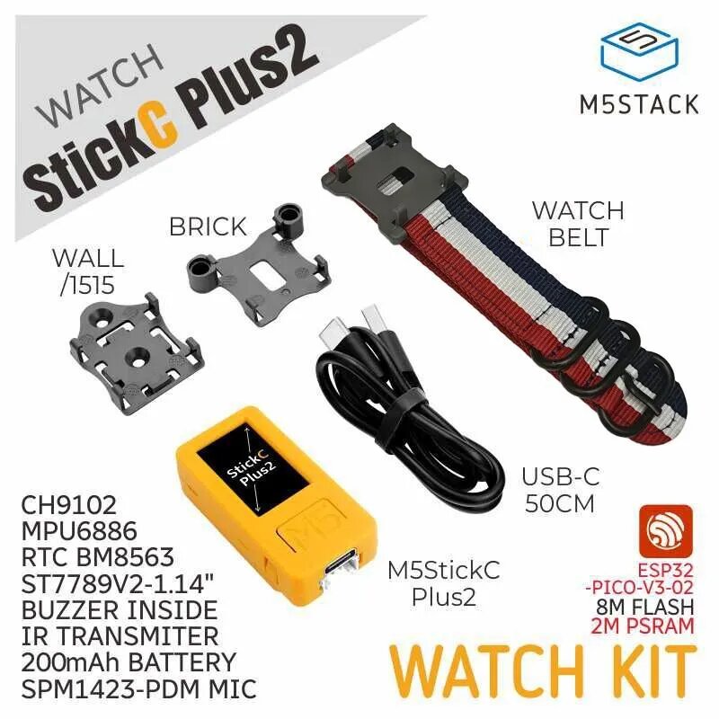 M5Stack StickC Plus2 набор наручных часов ESP32 емешок для часов красного, белого и синего цвета