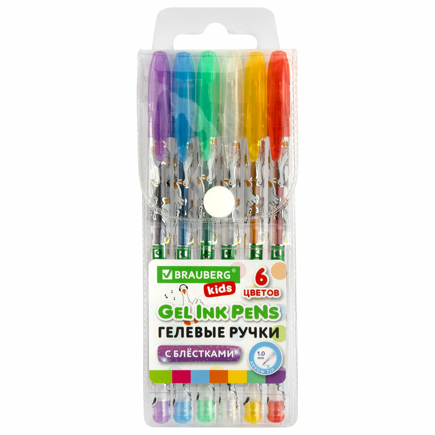 Набор ручек Brauberg Kids Cute Animals, гелевые, с блестками, 6 цветов, корпус с печатью, узел 1 мм, линия письма 0.7 мм 144443