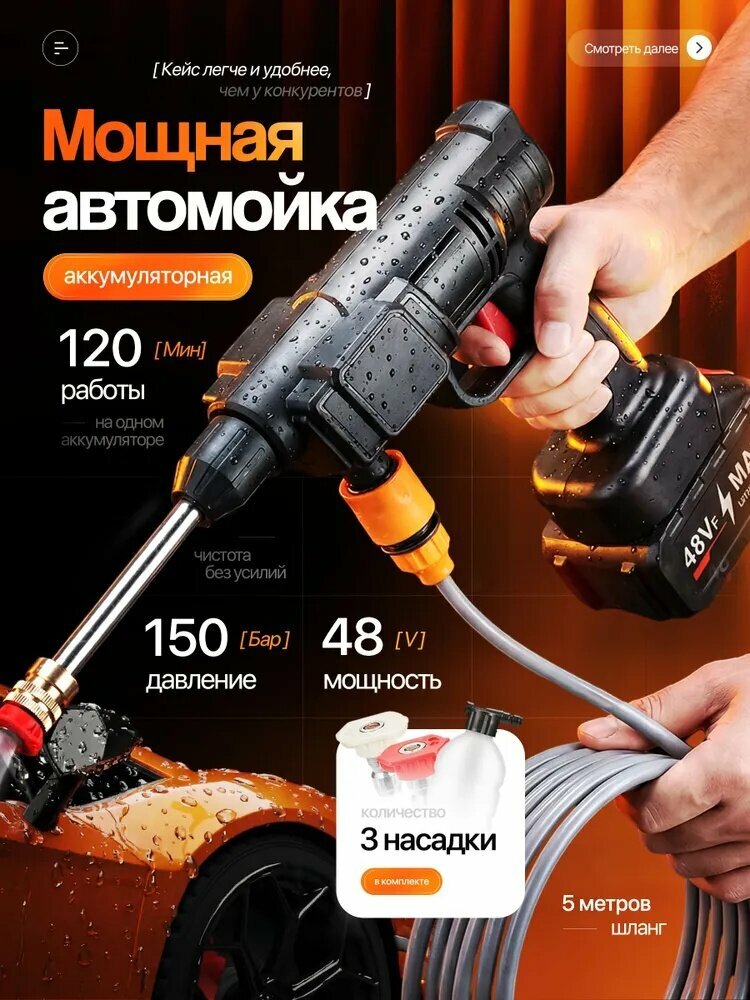 Аккумуляторная мойка высокого давления для автомобиля в кейсе / Портативная, Минимойка с пистолетом и пенообразователем беспроводная с двумя батареями Аккумуляторная мойка высокого давления