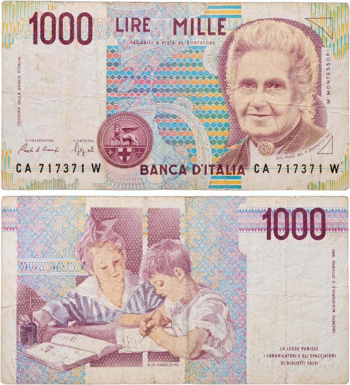 Италия 1000 Лир 1990 "Мария Монтессори Школа Монтессори"Pick 114с