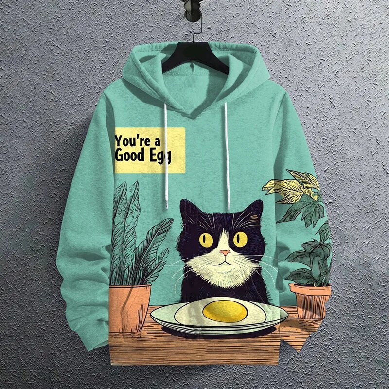 Cute Cool Cat Pattern Hoodie For Men Funny Animal 3D Printed Long Sleeves Casual Pullover Street Tops Hoodies Loose Sweatshirt