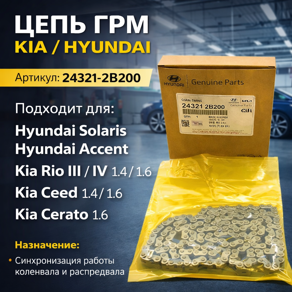 Цепь ГРМ Kia/Hyundai 243212B200 Подходит: Rio 2012–, Ceed, Cerato 2008–, Solaris 2011–, Elantra 2006