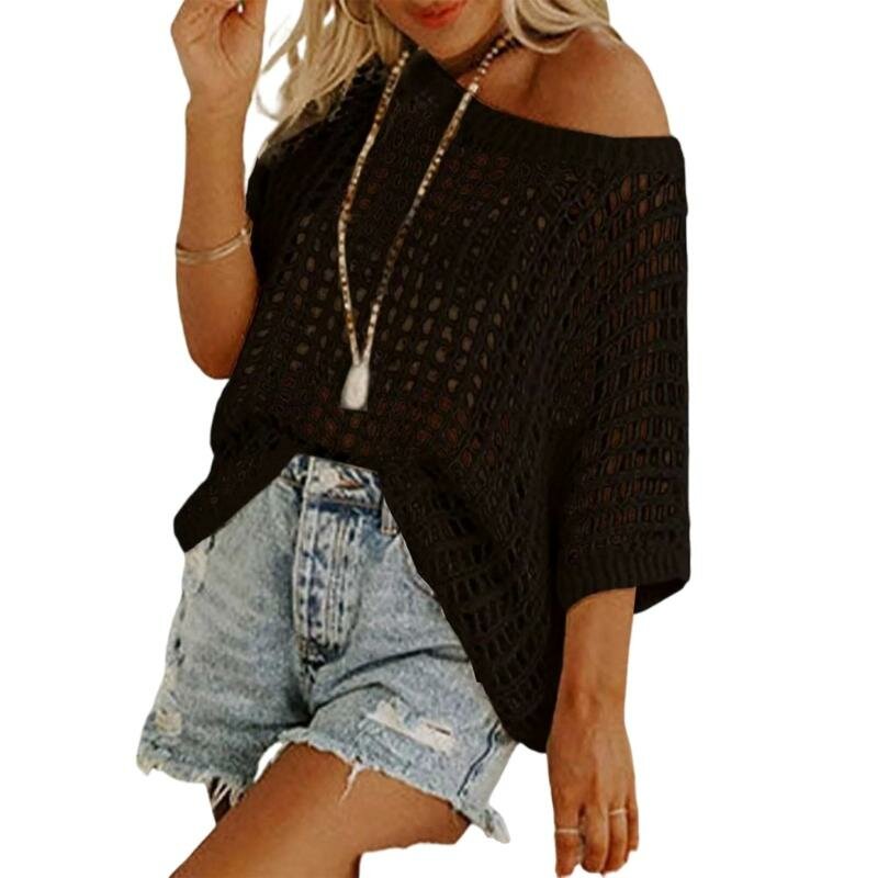 Женский вязаный топ-накидка для пляжа, Черный - XL