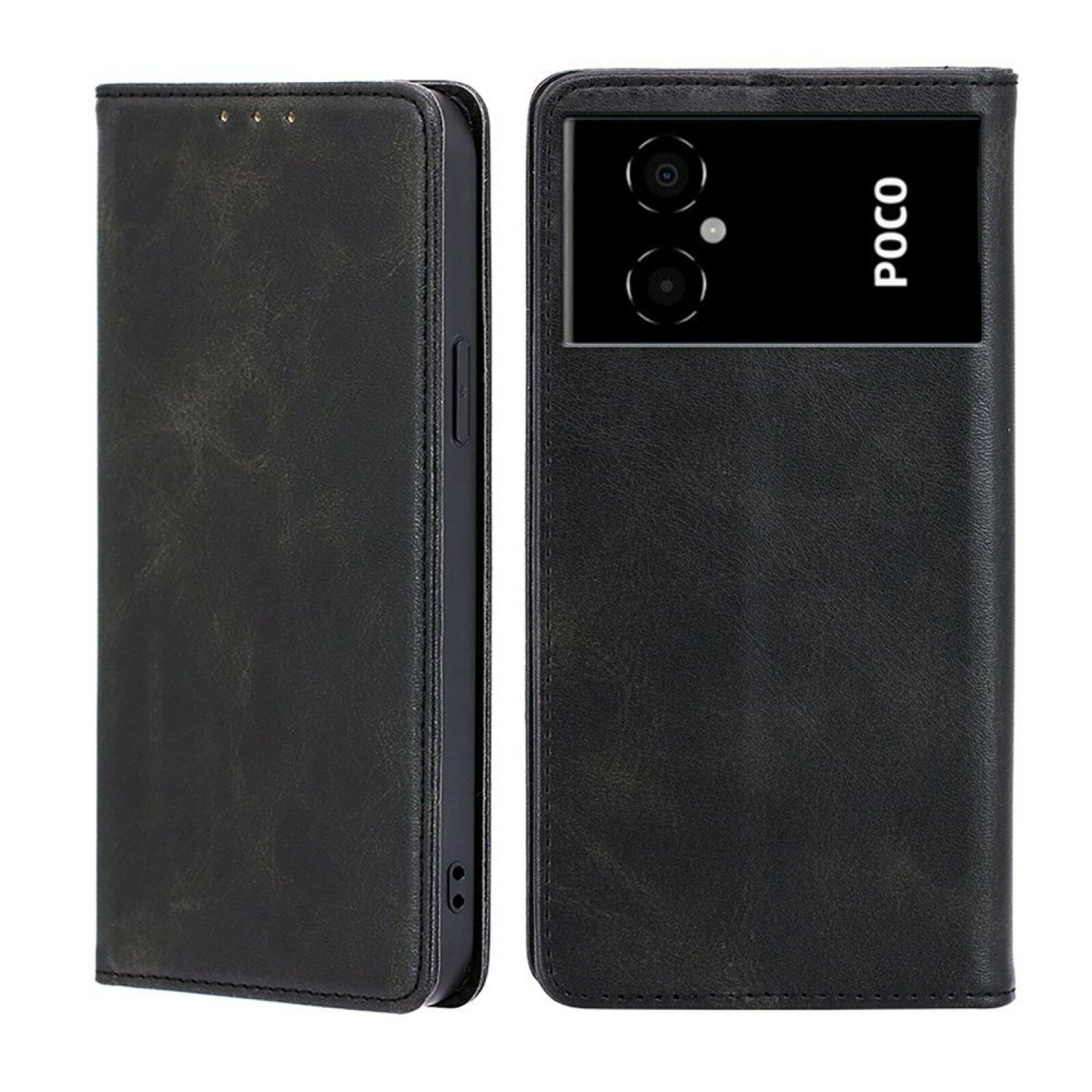 Чехол-книжка MyPads для Xiaomi Poco M4 Pro 5G из натуральной телячьей кожи с магнитным закрытием, черный