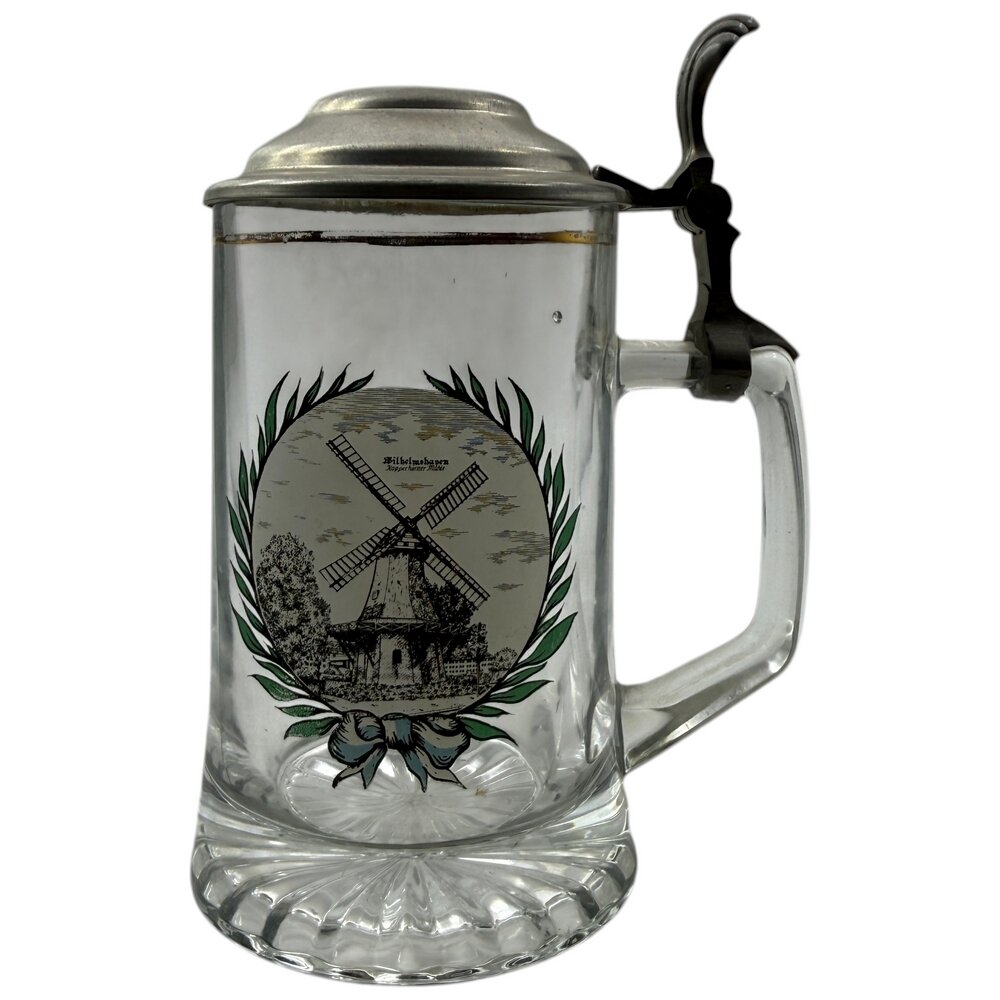 Пивная кружка "Мельница" с крышкой, 0,5 л, стекло, олово, 1960-1970 гг, Германия