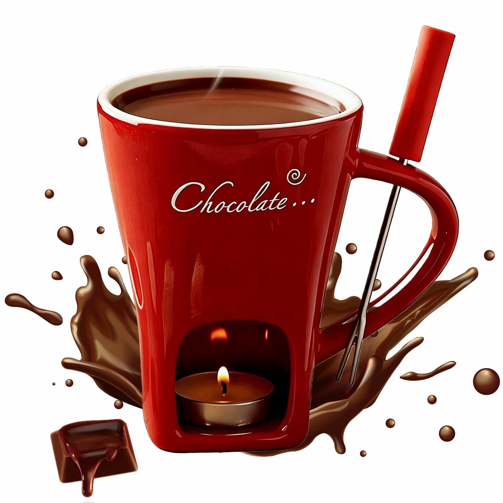 Керамическая чашка для горячего шоколада красного цвета с подогревом на свече