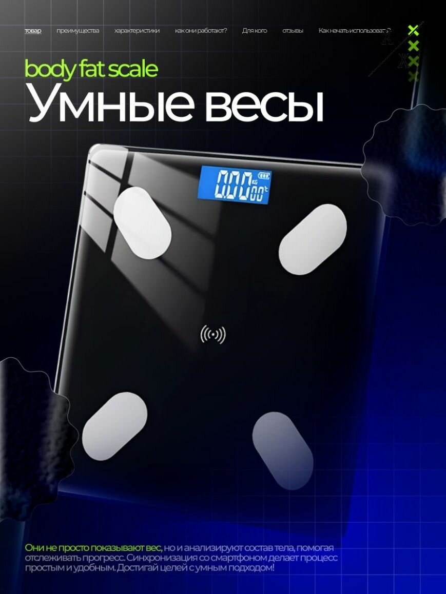 Весы напольные электронные умные стильные чёрные весы с анализом параметров тела и Bluetooth, работают от батареек