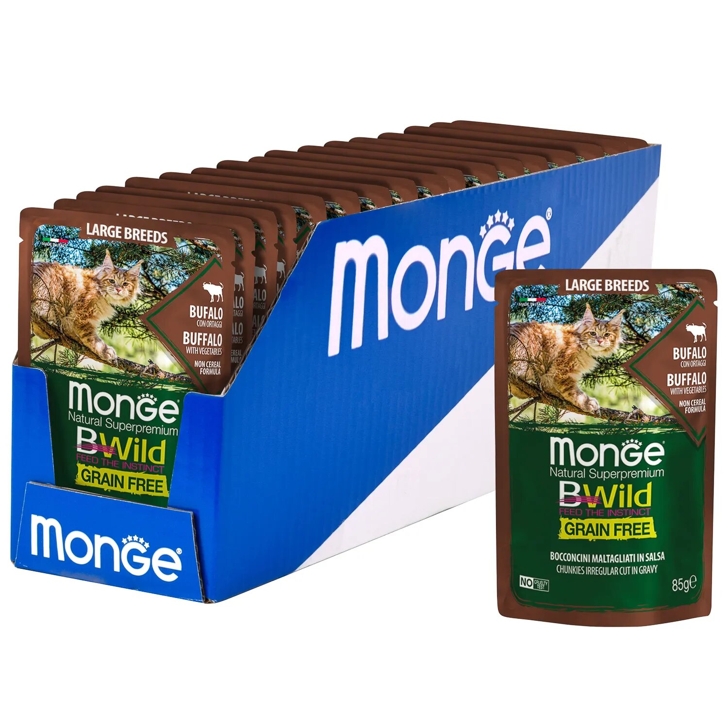 Влажный корм для котят и кошек крупных пород Monge Cat BWild GRAIN FREE, с буйволом и овощами, паучи, 28 шт х 85 гр
