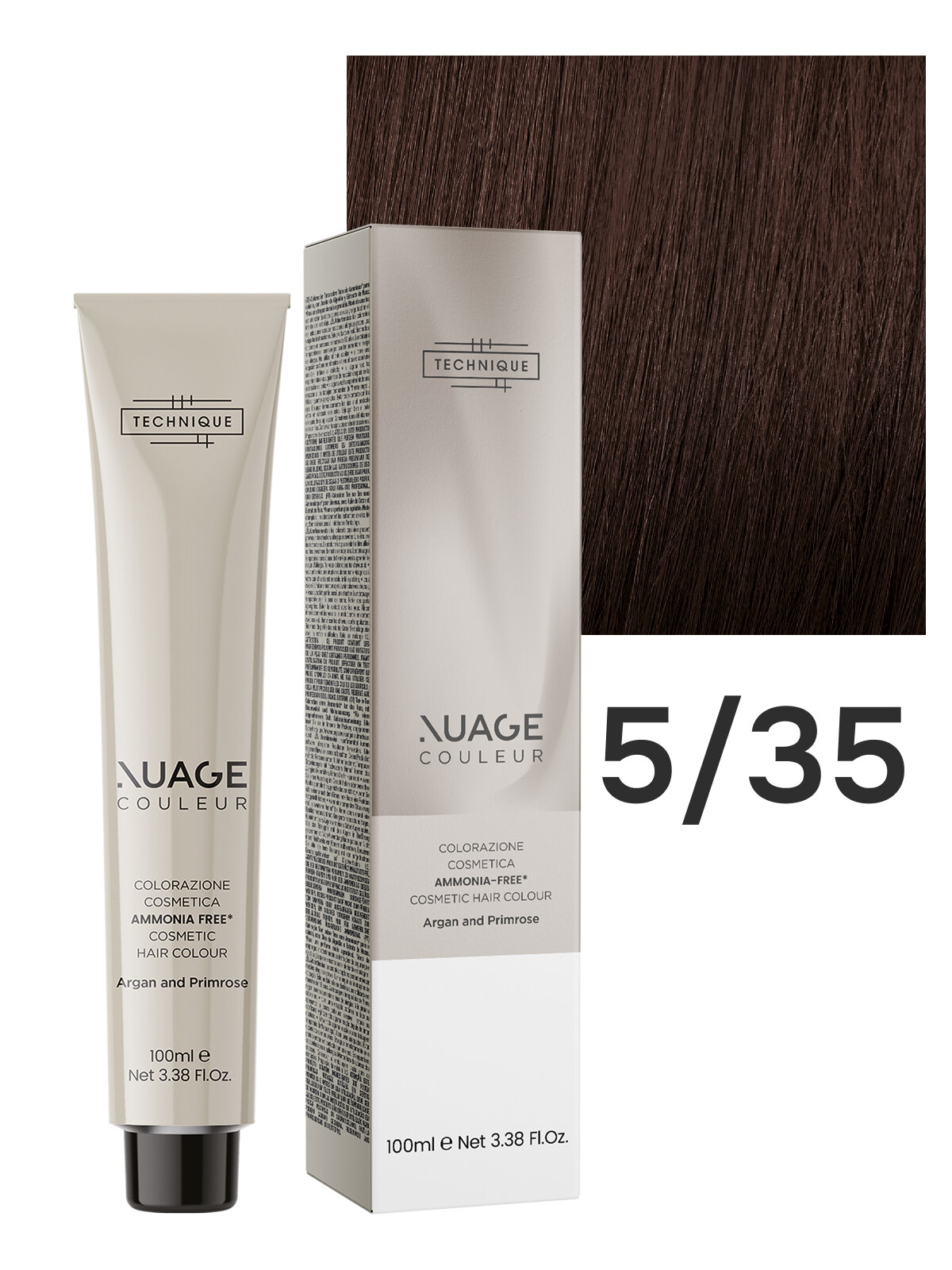 Крем - краска для волос профессиональная без аммиака Technique Nuage Ammonia Free Hair Color Cream 5.35 Светлый каштановый Золотисто-махагоновый, 100 мл