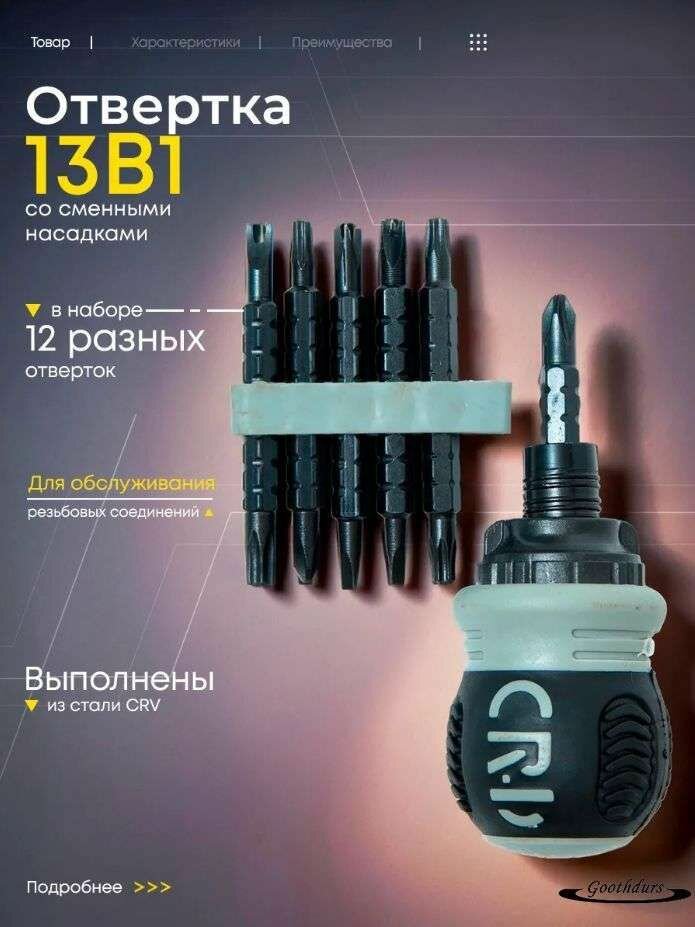 Отвертка 13 в 1 с храповым механизмом и набором насадок для ремонта. Многофункциональный набор инструментов