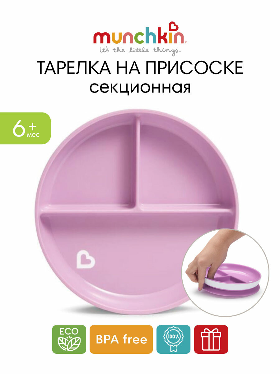 Тарелка детская на присоске секционная Munchkin, Stay Put™ сиреневый 6+ мес.