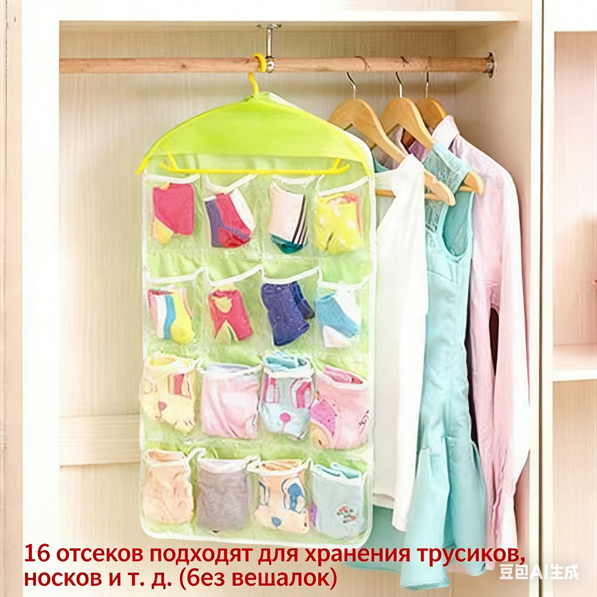 Сумка для хранения носков в сетку на 16 сеток, материал - полиэфирная ткань, универсальная и практичная, зеленая