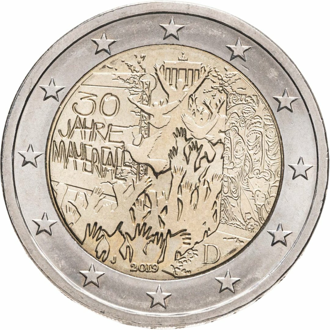 Германия 2 евро euro 2019 J "30 лет Падению Берлинской стены", Биметалл, в сохранности AU-UNC
