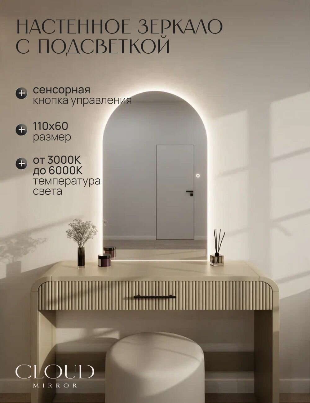 Зеркало 110х60 см. CLOUD MIRROR М5 настенное фигурное сенсорное