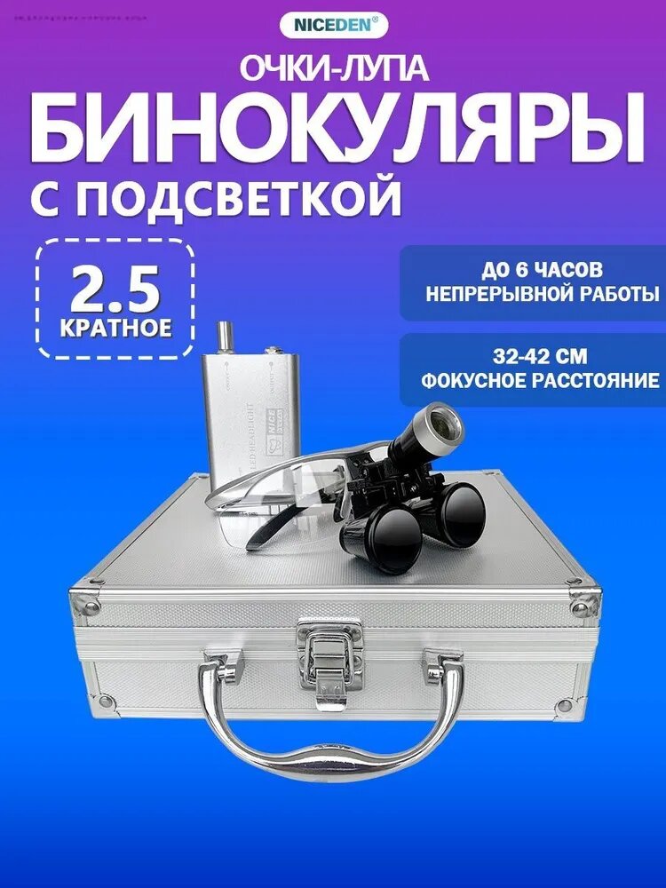 Бинокулярные очки-лупа с подсветкой NICEDEN 2.5x кратное увеличение для стоматологии и косметологии