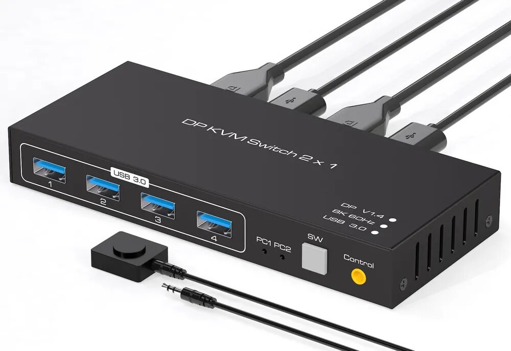 CMSTEDCD DP KVM Switch 2x1 Коммутатор DisplayPort 2 Port, 4 USB 3.0, черный матовый — фото 1