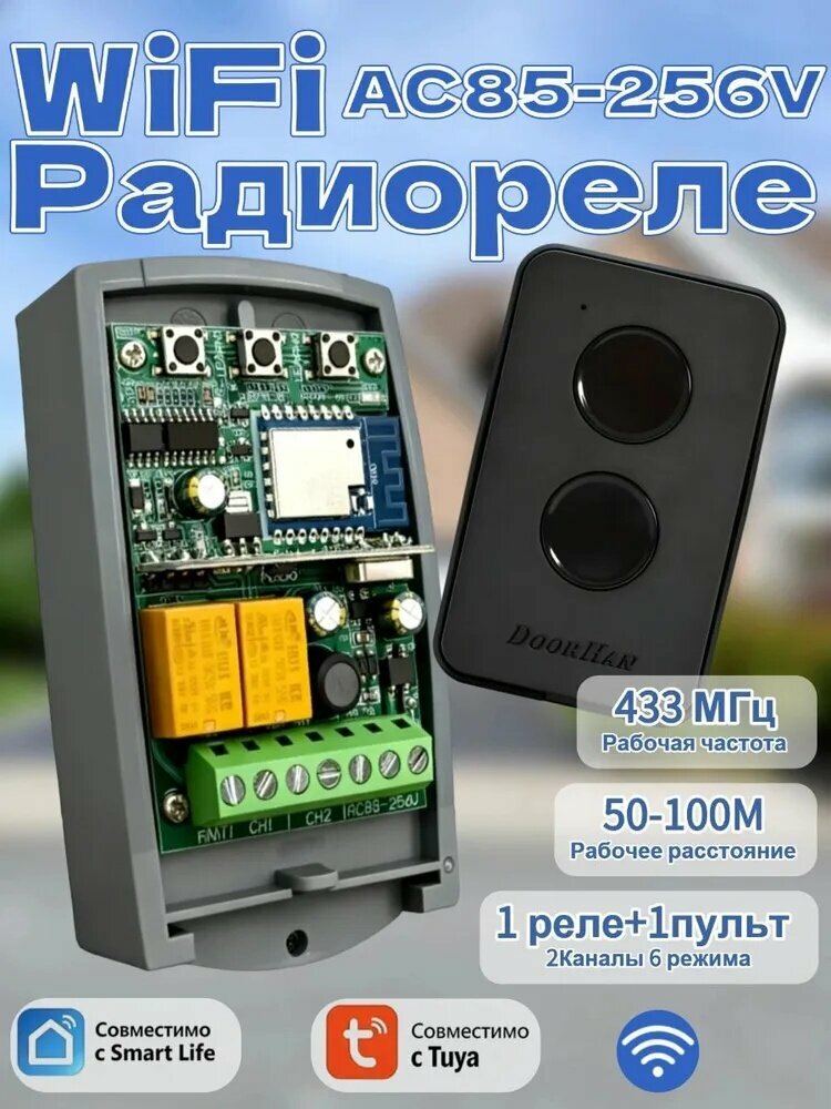 220В Wi-Fi реле 433 МГц с 2-кнопочным пультом дистанционного управления