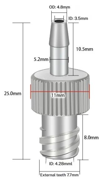 Пневмофитинг Luer Lock, OD 4.8mm, ID 3.5mm, 25.0mm