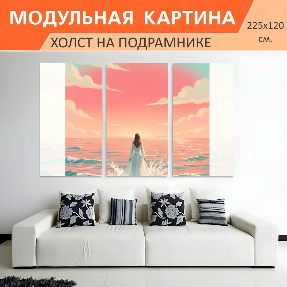 Модульная картина на холсте "Девушка у моря на закате. Фантазийная сцена с одинокой фигурой в струящемся светлом платье, стоящей в." триптих на подрамнике 225х120 см. для интерьера