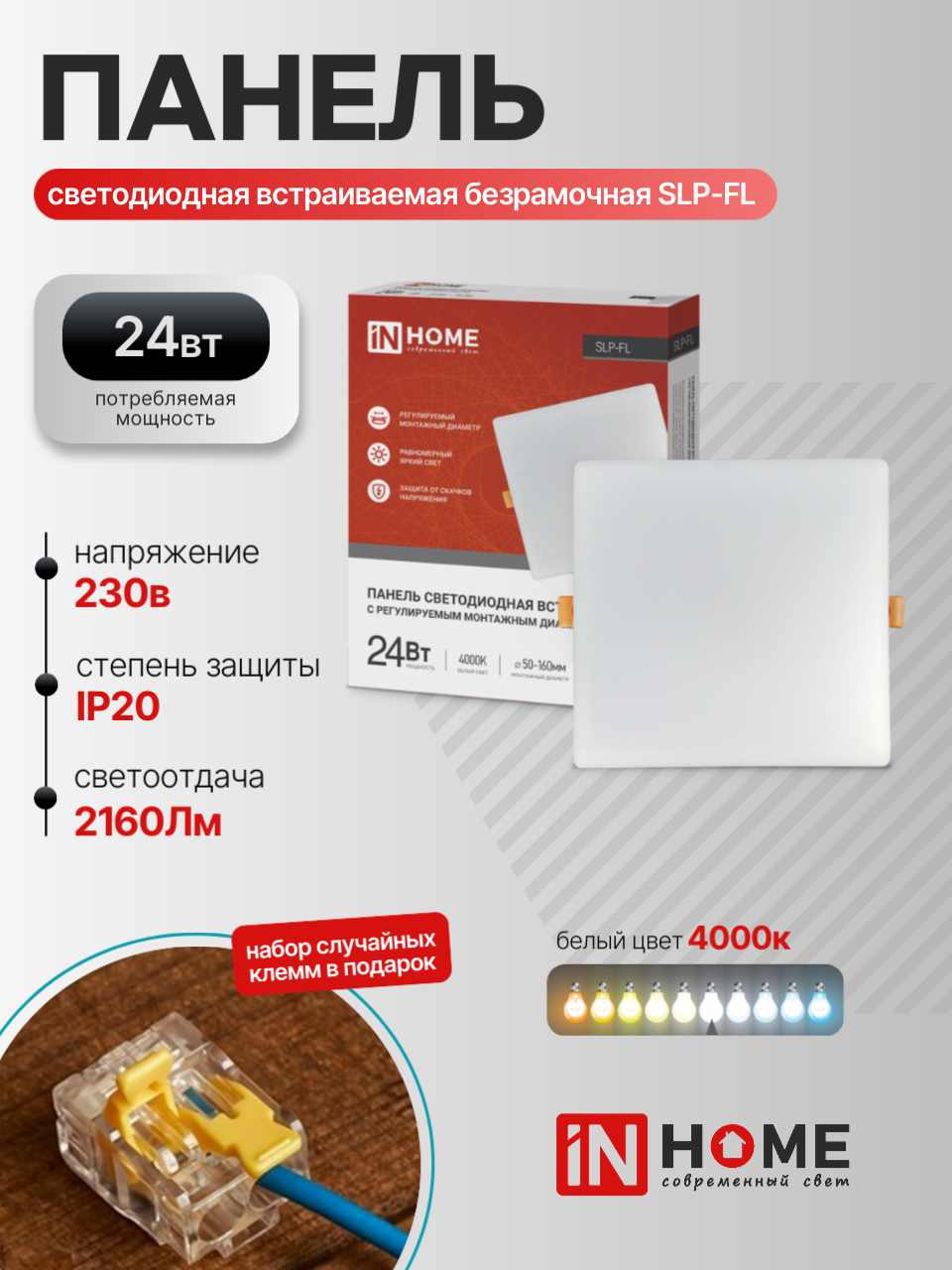 Панель светодиодная встраиваемая безрамочная SLP-FL 24Вт 230В 4000К 2160Лм с регулируемым монтажом 45-140мм IP20 IN HOME