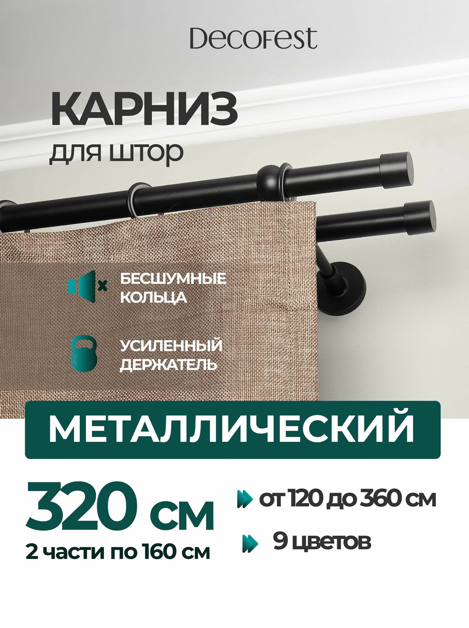 Карниз для штор двухрядный металлический составной 320 см SET Черный, гардина настенная
