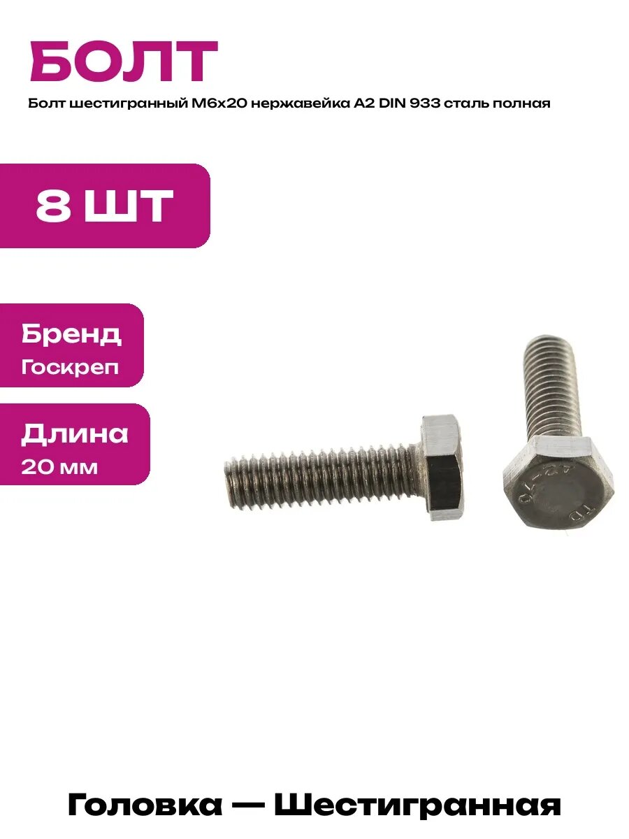 Болт М6х20 DIN 933 ISO 4017 сталь А2 нержавеющая под ключ 10