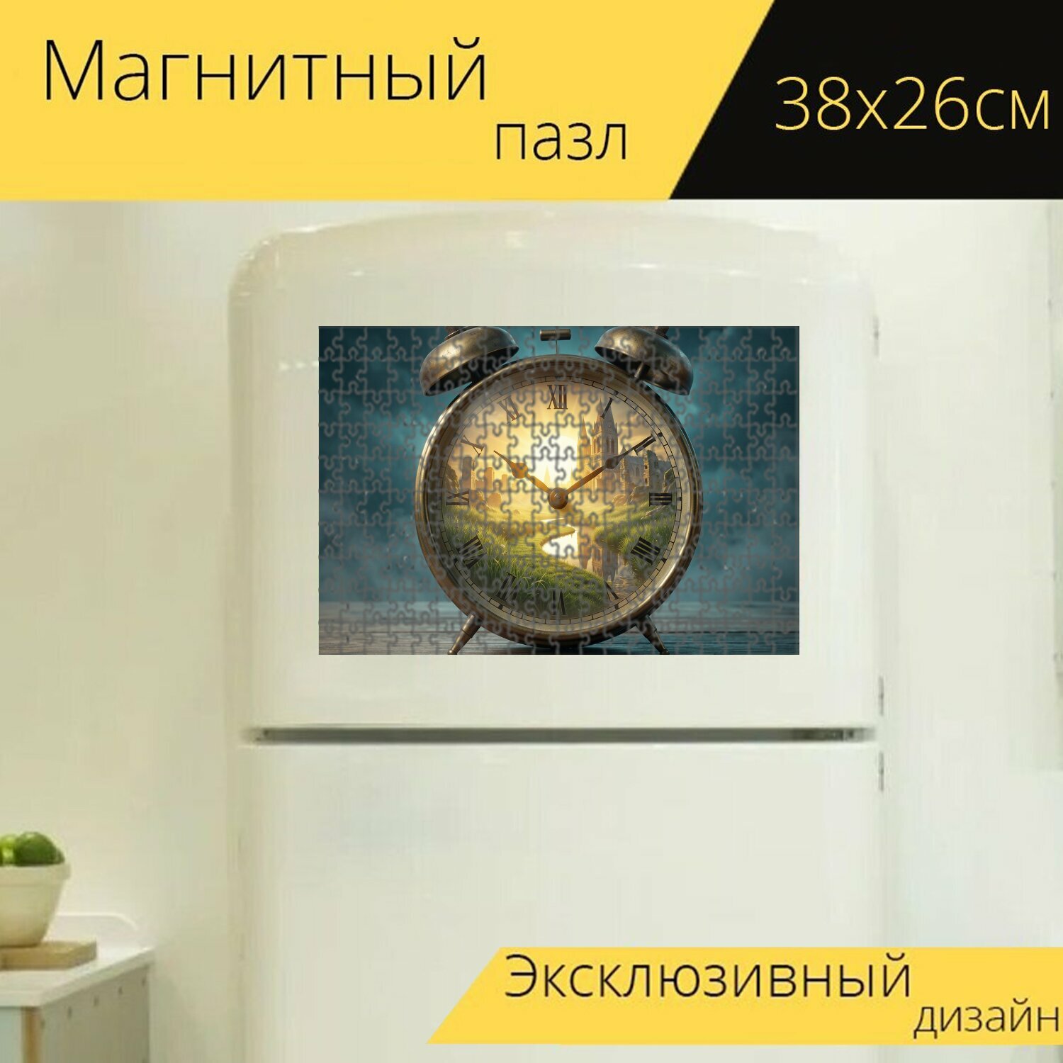 Магнитный пазл "Старинный будильник с фантазийным пейзажем. Винтажные часы с римскими цифрами, внутри циферблата — сказочная долина, извилистая река, руины." для интерьера, 38х26 см.