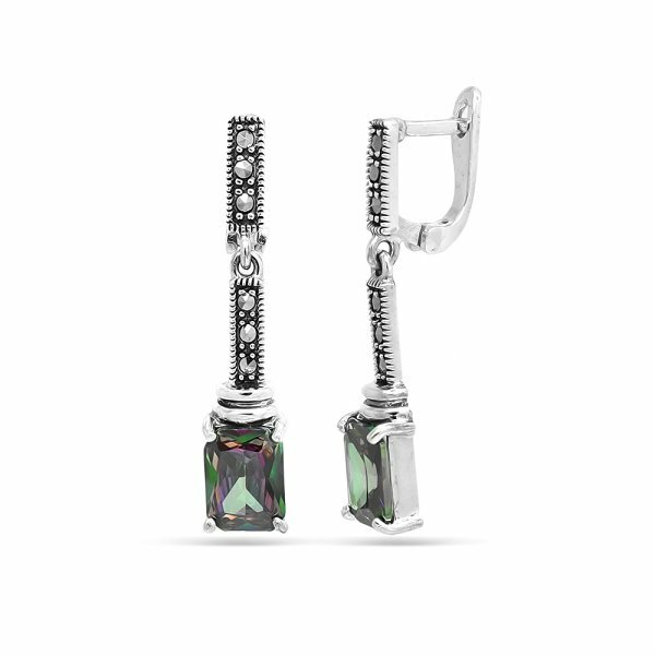 Серьги с подвесками, серебро, 925 проба, оксидирование, марказит, кварц
