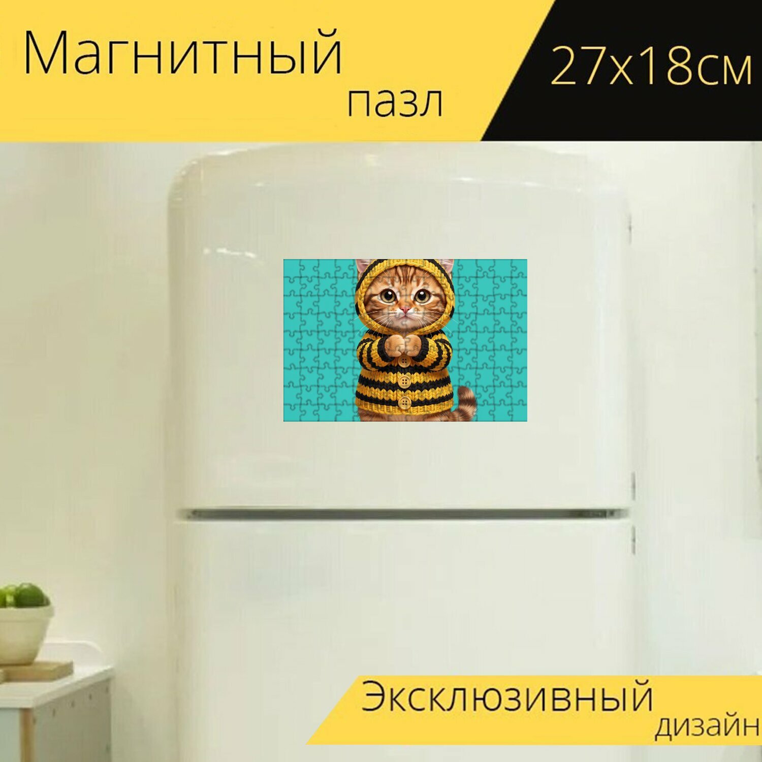 Магнитный пазл "Котенок в костюме пчелы. Милый рыжий питомец в вязаном полосатом комбинезоне с капюшоном и усиками, мультяшная иллюстрация на бирюзовом." на холодильник 27 x 18 см.