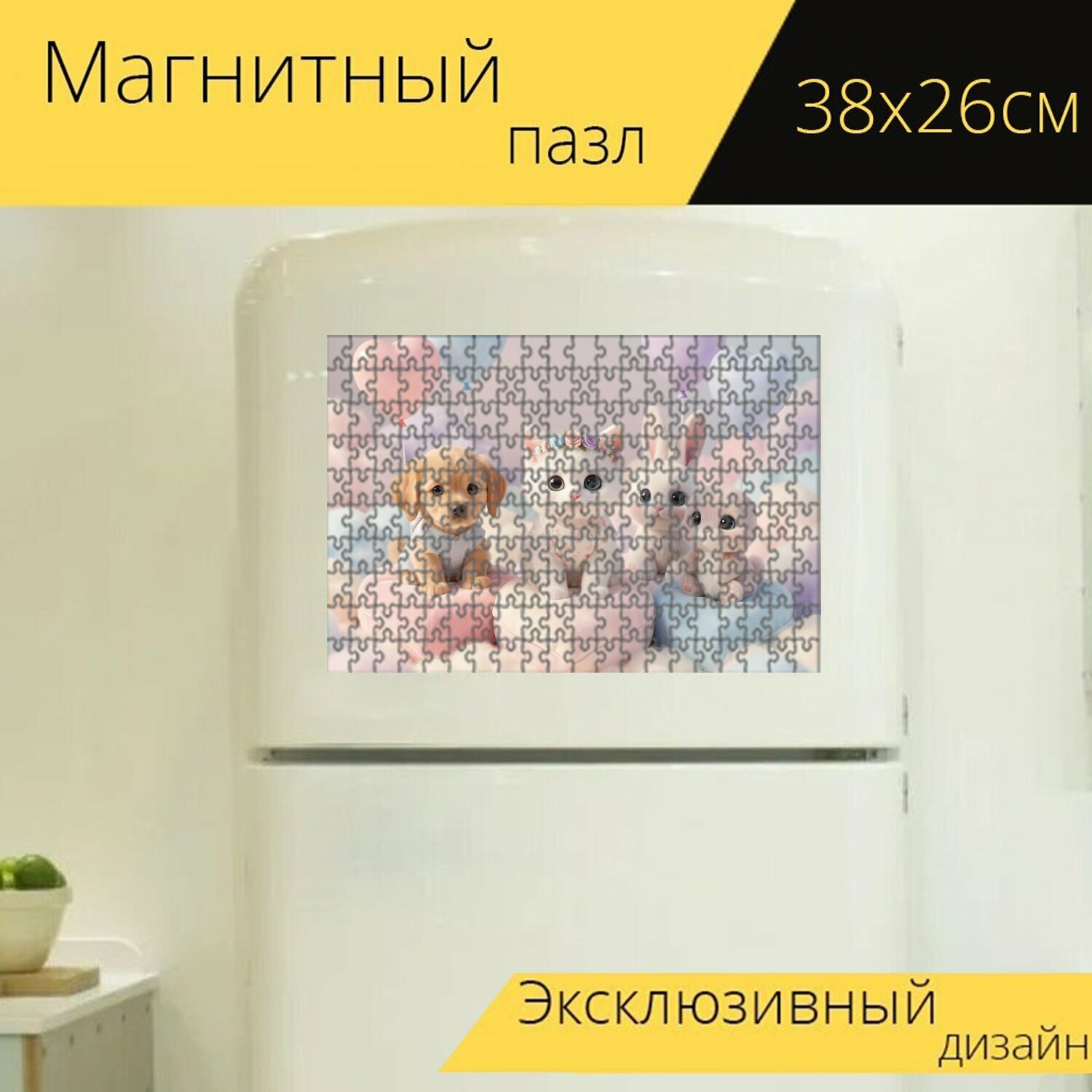 Магнитный пазл "Щенок, котенок и зайчики. Милые зверята в стиле 3D иллюстрации сидят на сердечках среди облаков и воздушных шаров. Пастельные розовые." для интерьера, 38х26 см.