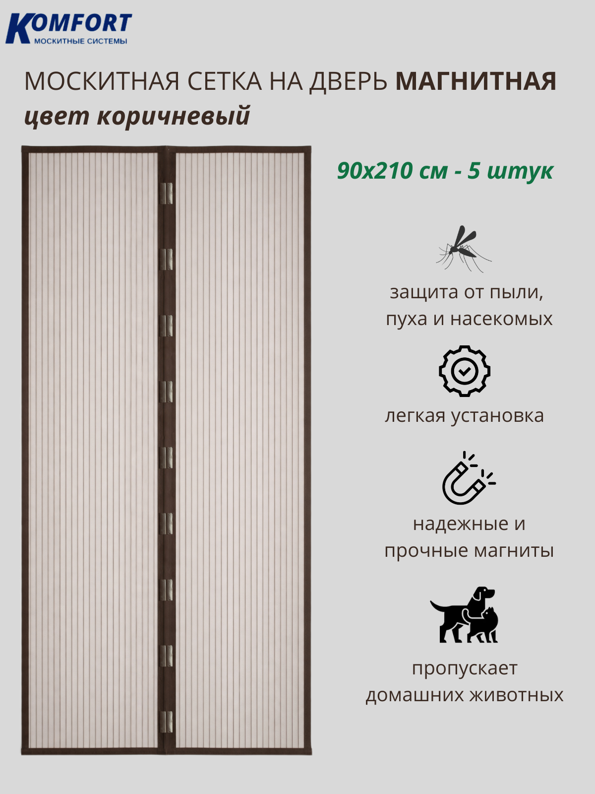 Москитная сетка на дверь магнитная 90*210 см коричневая 5 шт