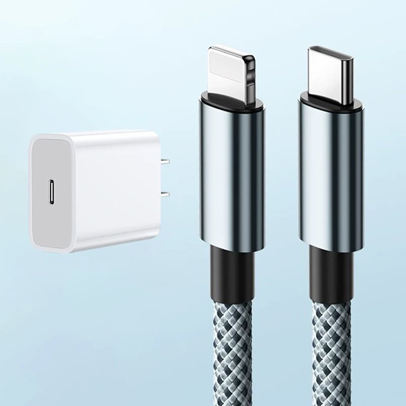 20 Вт PD быстрая зарядка + черный толстый оплетенный кабель Apple USB-C 2 м для iPhone 15/14/13 Pro Max