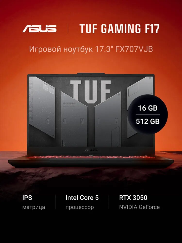 ASUS TUF Gaming F17 Игровой ноутбук 17.30", Intel Core 5 210H, RAM 16 ГБ, SSD 512 ГБ, NVIDIA GeForce RTX 3050 (6 Гб), (90NR0MY5-M003Y0), серый, Русская раскладка