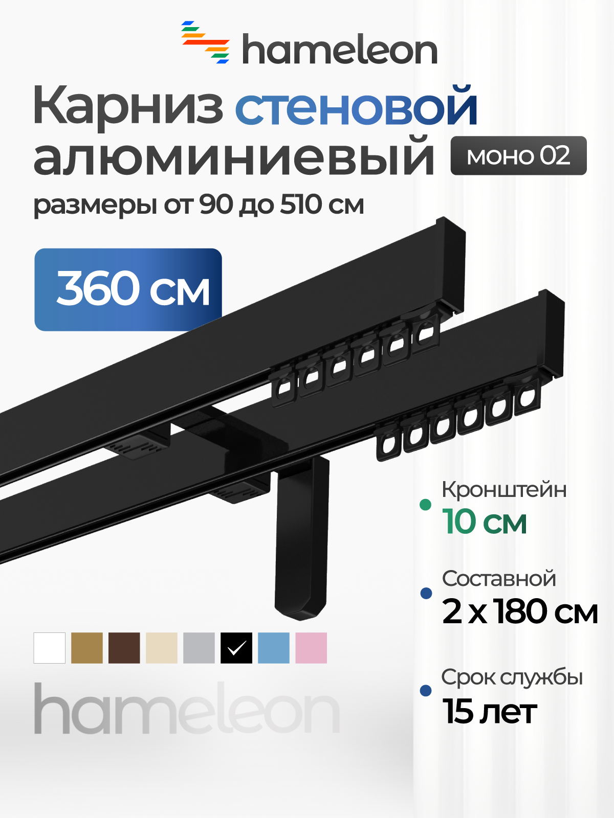 Карниз для штор хамелеон моно 02, двухрядный, настенный, черный глянец, 360 см, алюминиевый, кронштейны 10 см.