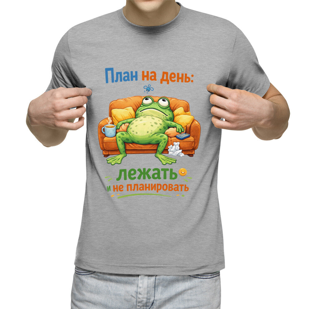 Мужская футболка «Лягушка на диване растеклась» (серый меланж, S)