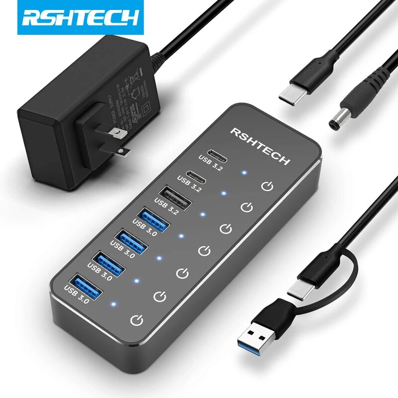 RSHTECH USB 3.2 Хаб, 7 Портов, EU Plug Adapter