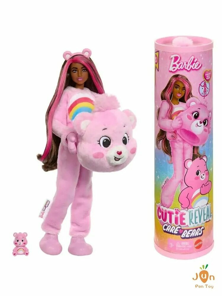 Mattel Barbie Cutie Reveal Care Bears Series Doll Cheer Bear / Очаровательная кукла Барби с плюшевым мишкой поставляется с мини питомцем и 10 игрушками сюрпризами для девочек