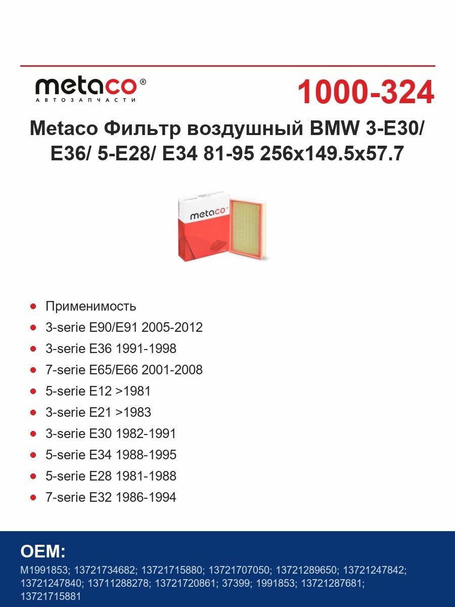 Metaco Фильтр воздушный BMW 3-E30/ E36/ 5-E28/ E34 81-95 256x149.5x57.7