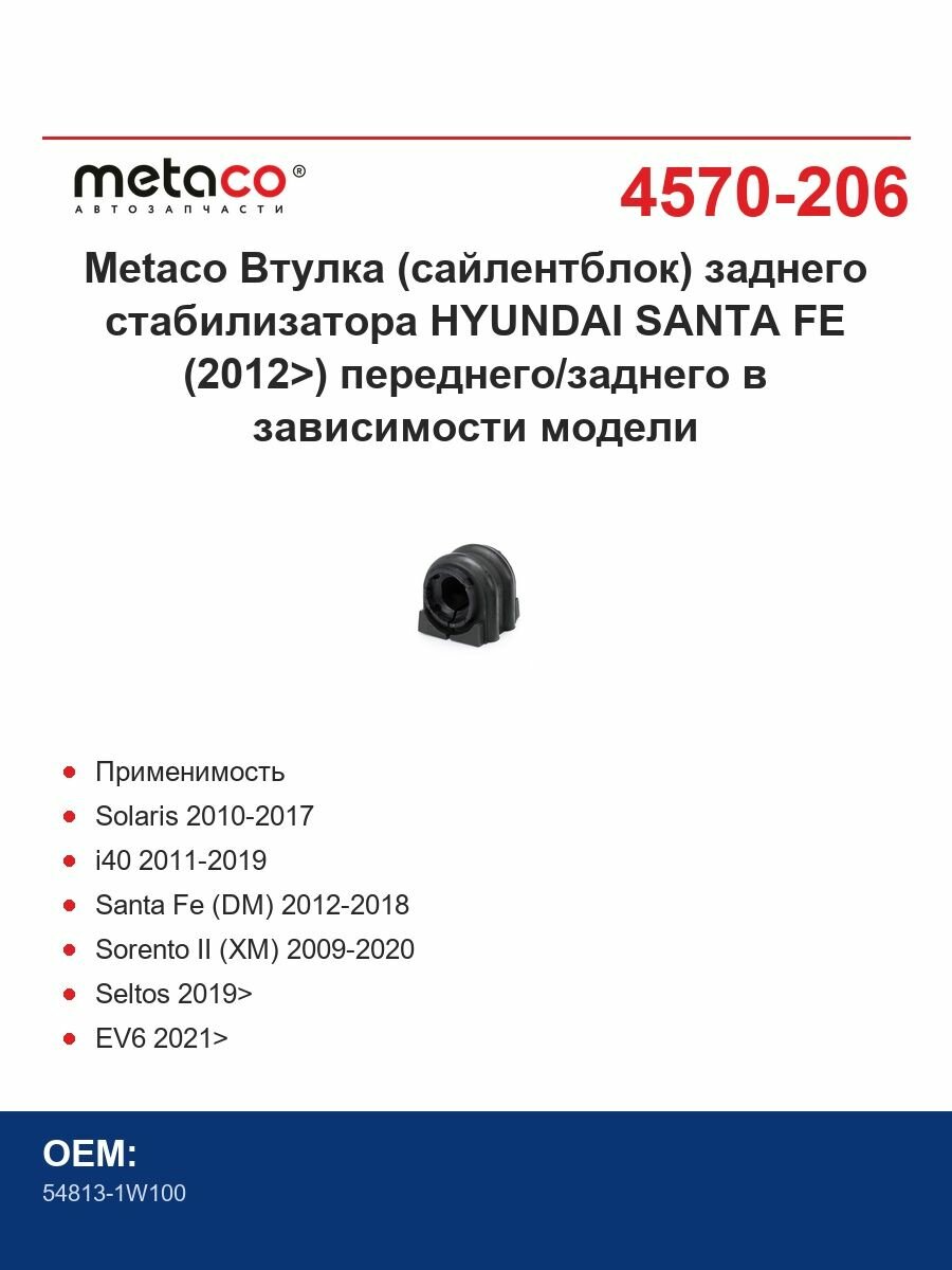 Metaco Втулка (сайлентблок) заднего стабилизатора HYUNDAI SANTA FE (2012>) переднего/заднего в зависимости модели