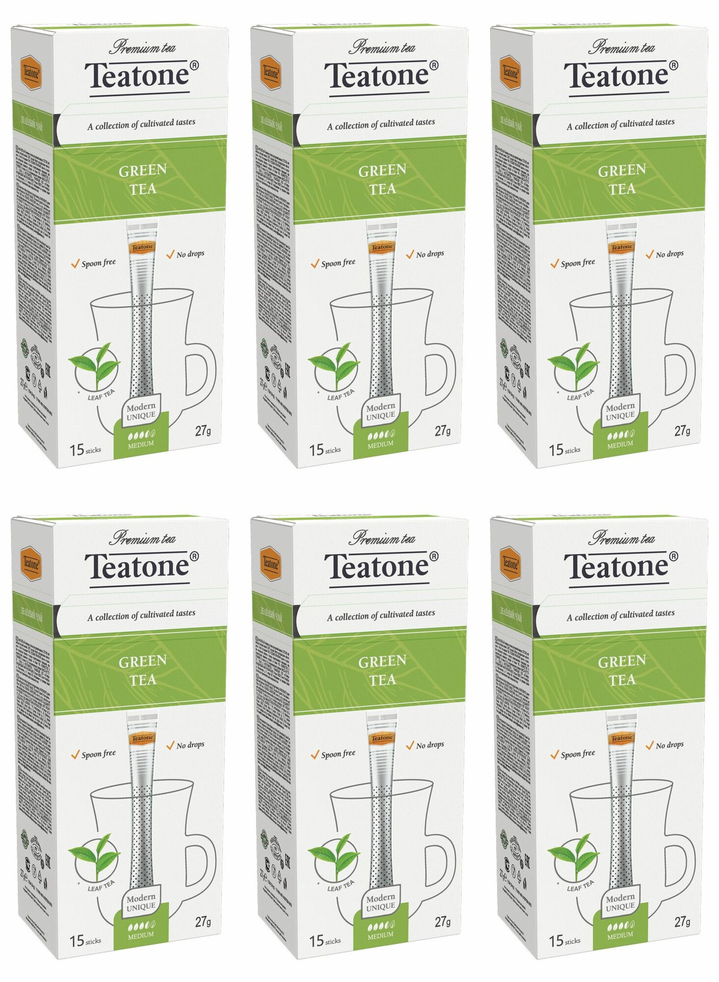 Teatone Чай в стиках Зеленый, 1.8г x 15 шт, 27г, 6 уп