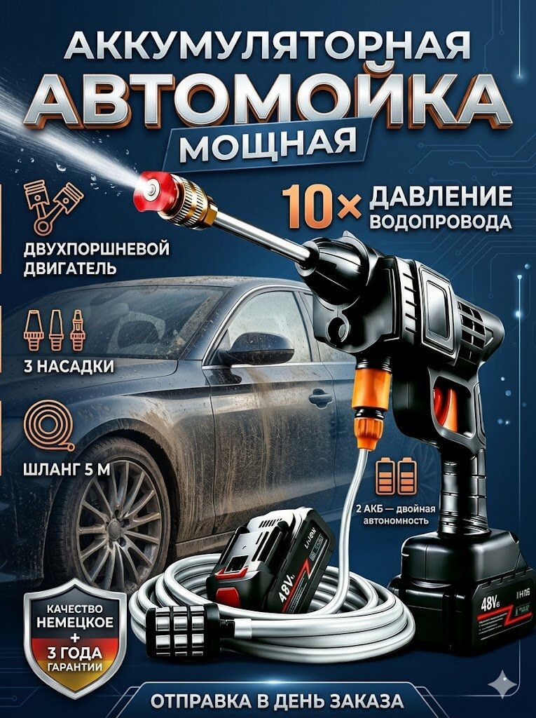 Мойка высокого давления аккумуляторная для автомобиля, Автомойка, в кейсе 2 аккумулятора, 3 насадки