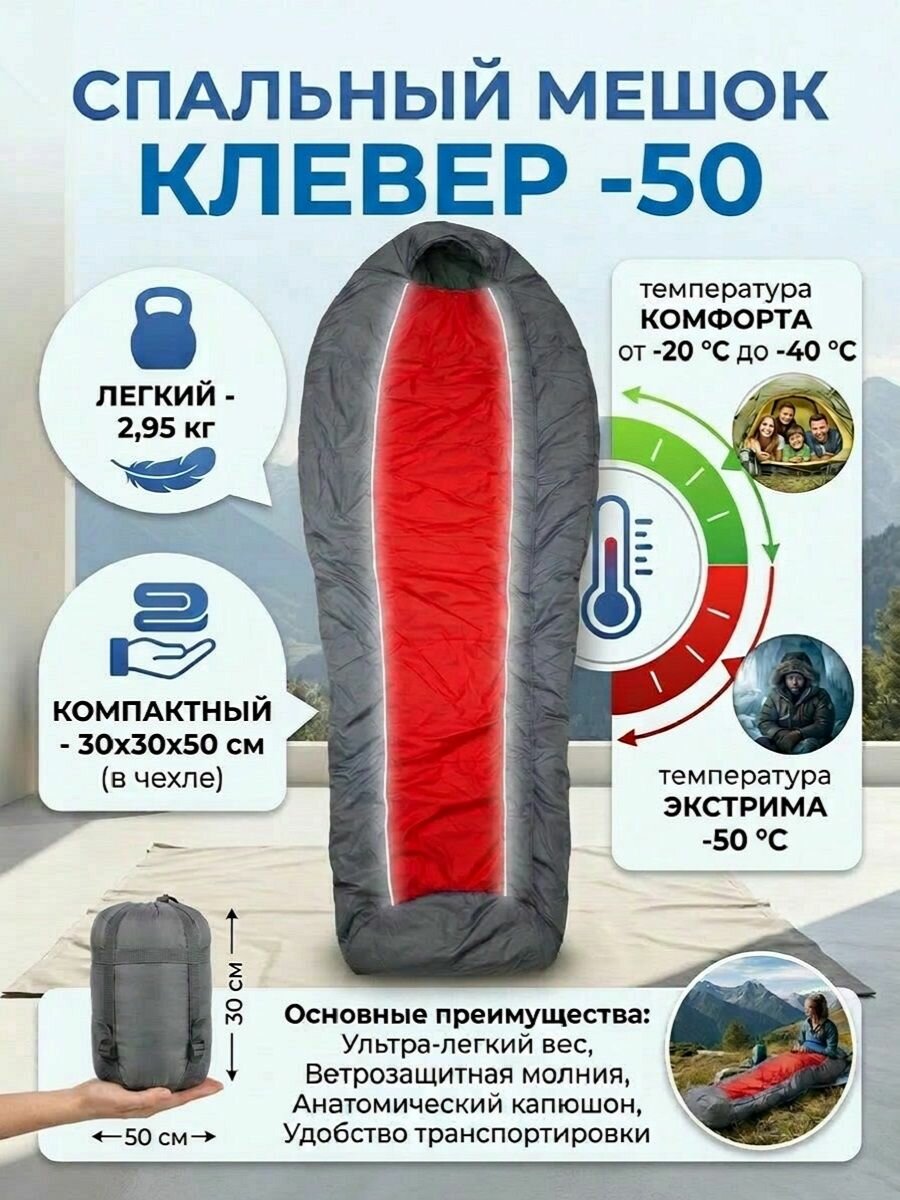 Спальный мешок туристический зимний широкий -50/-40/-20, легкий, компактный, теплый