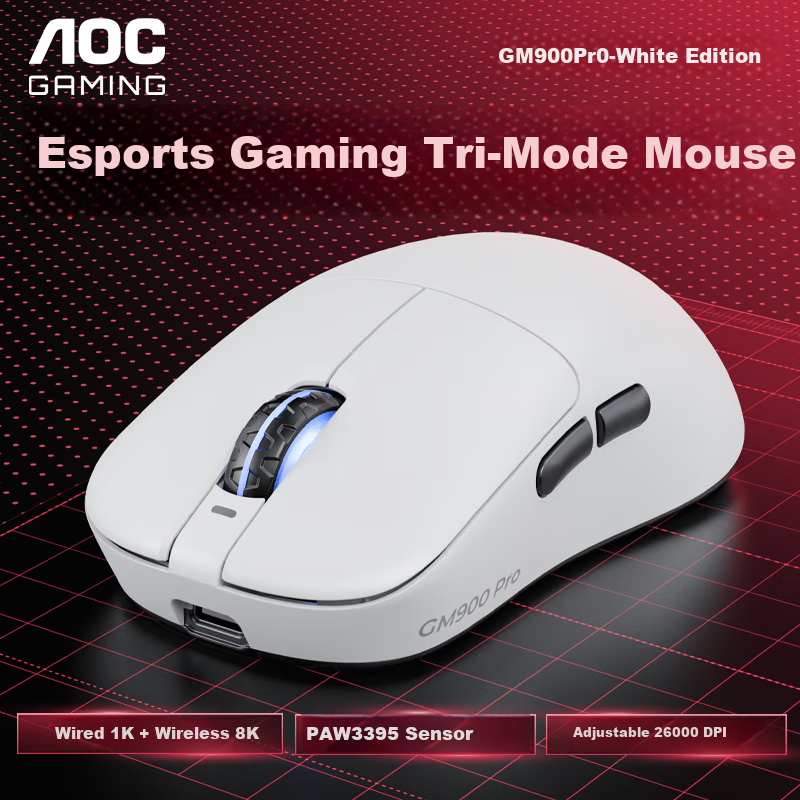 AOC GM900Pro Беспроводная мышь с Bluetooth Трехмодовая легкая мышь с PAW3395 8K частота отчета для больших рук белая