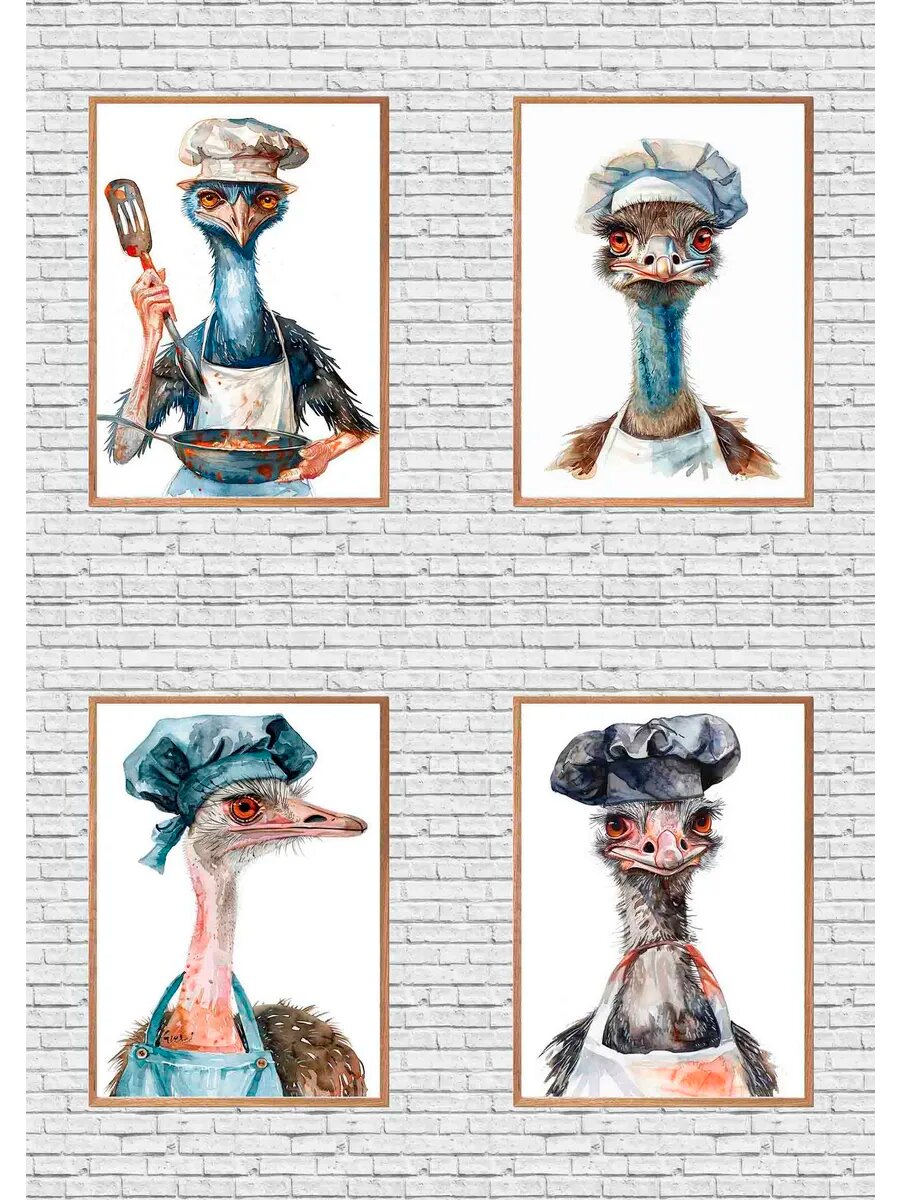Шеф-повар из животных породы Эму готовит, 4 Плаката, 30x21с