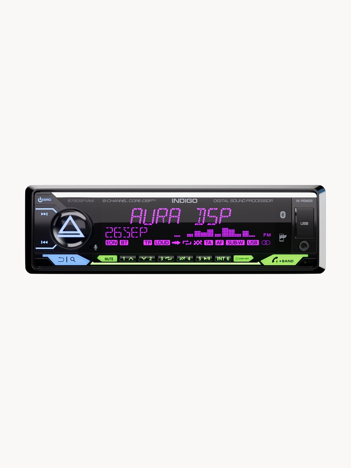 Магнитола процессорная AurA INDIGO 879 DSP MkII Hi POWER, 1DIN, Bluetooth, 4 RCA выходов, USB-порт, Android/iOS, черная